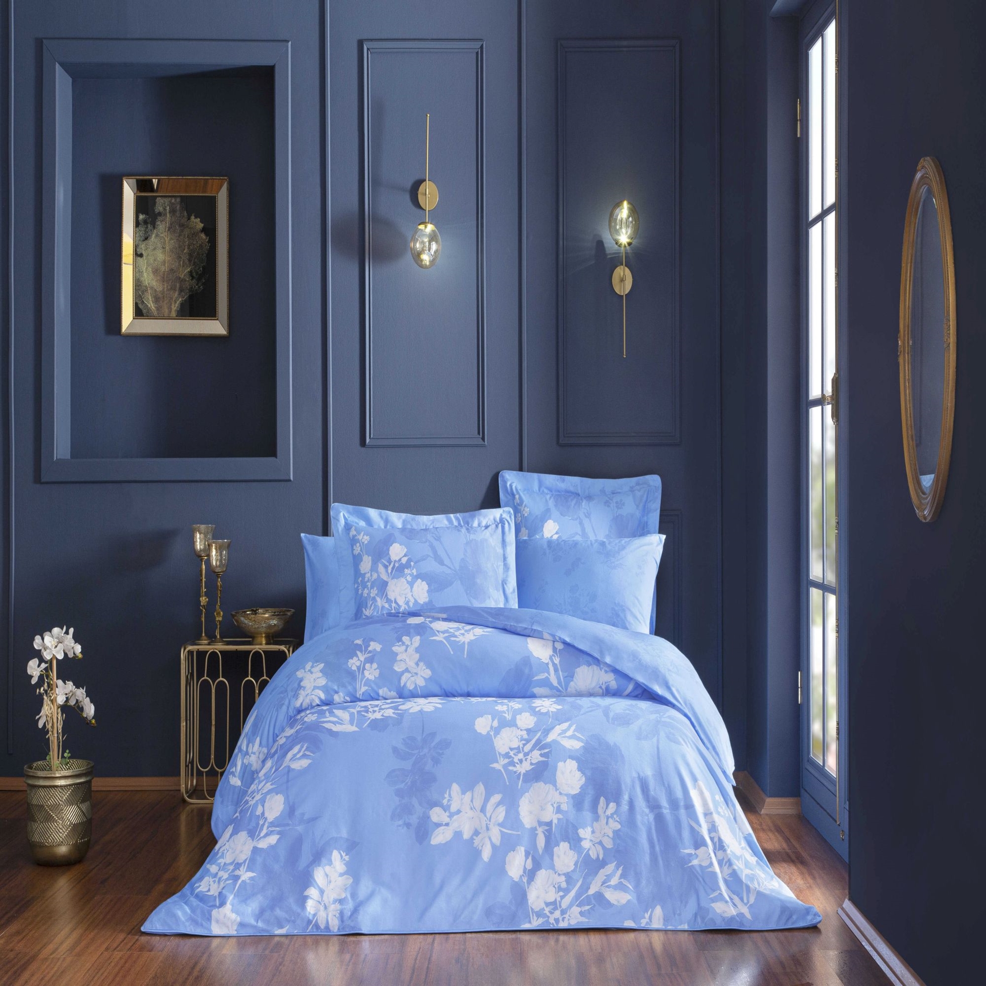 Valeron Eunıke Saten Çift Kişilik Nevresim Takımı Mavi | Linens.com.tr